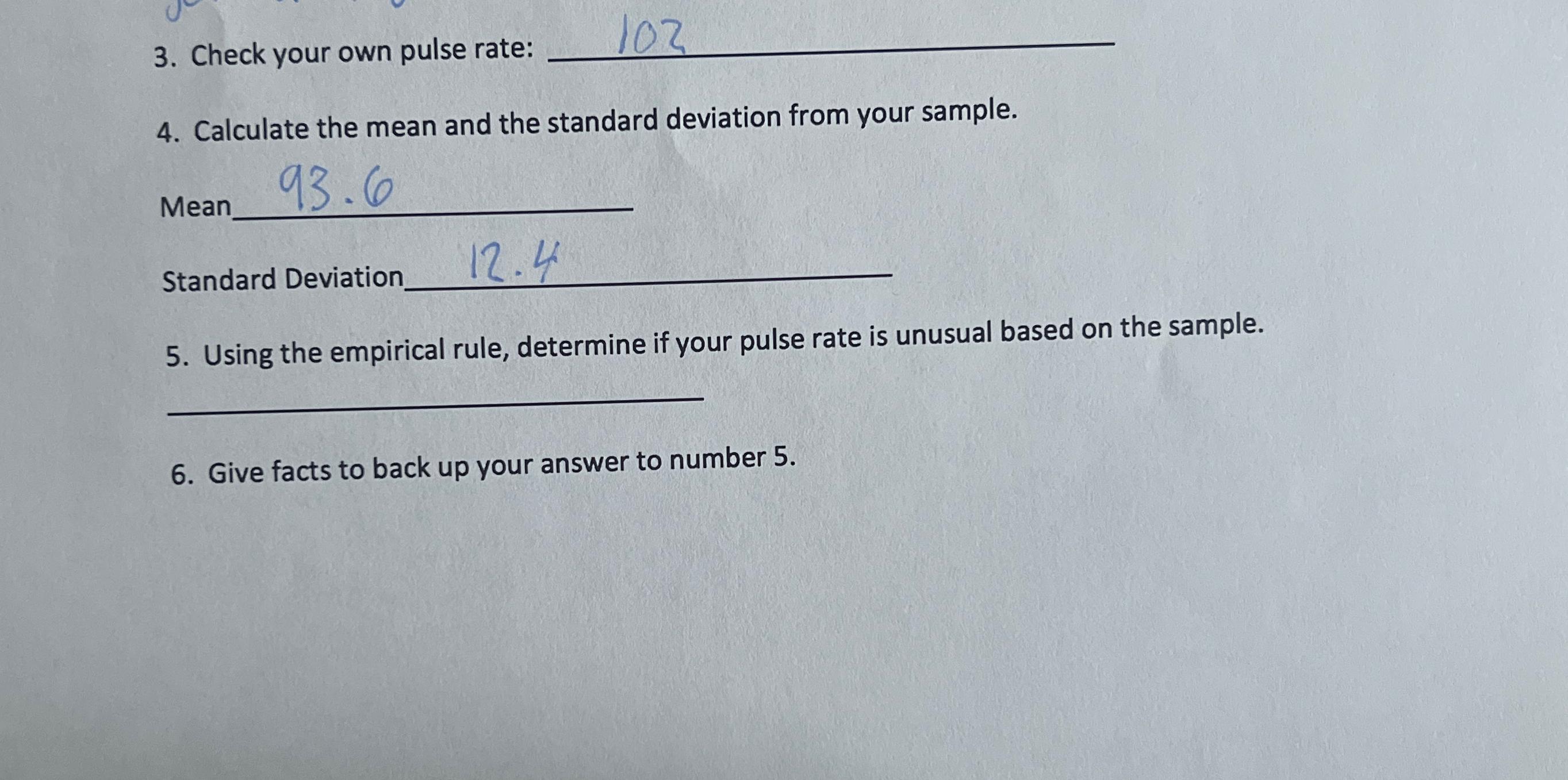 Solved Check your own pulse rate:102Calculate the mean and | Chegg.com