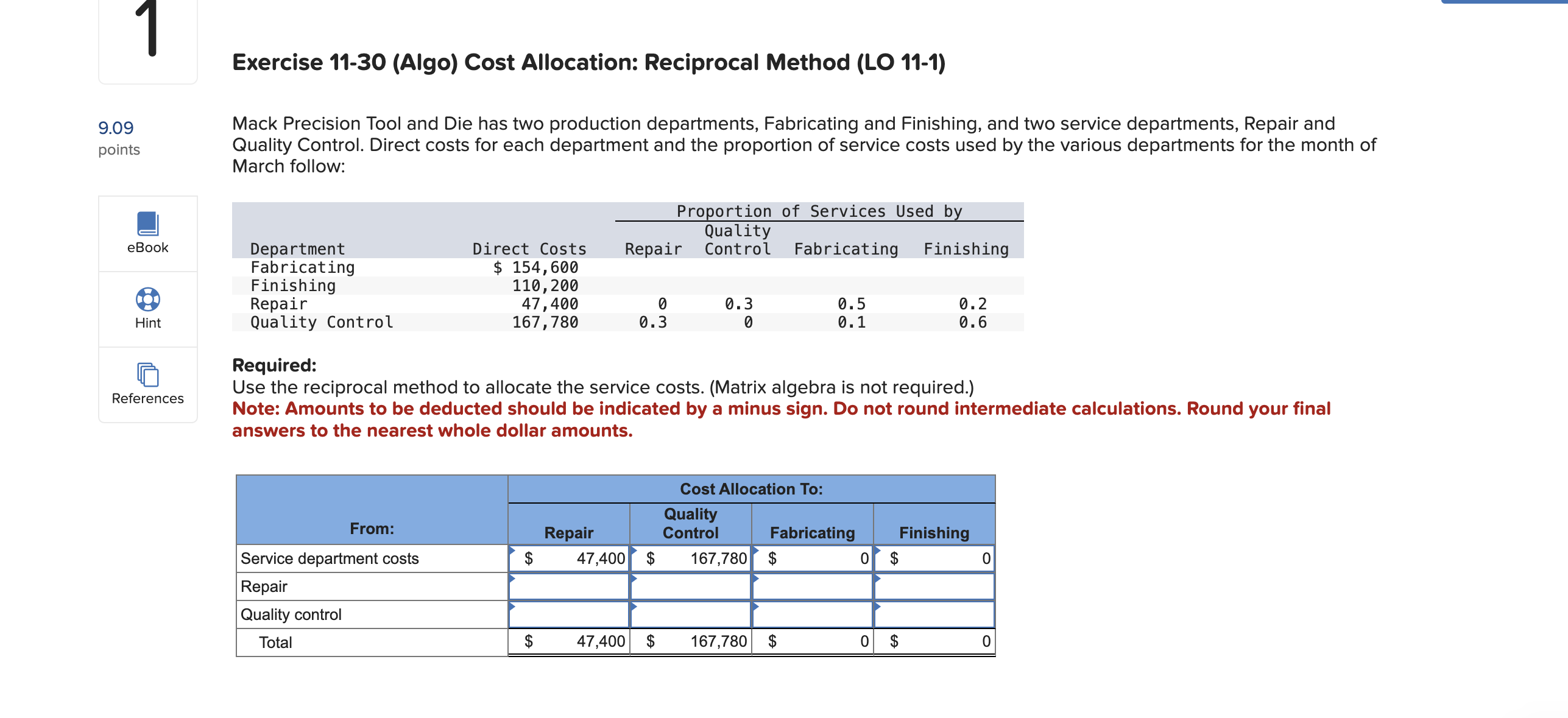 Solved Exercise 11-30 (Algo) ﻿Cost Allocation: Reciprocal | Chegg.com