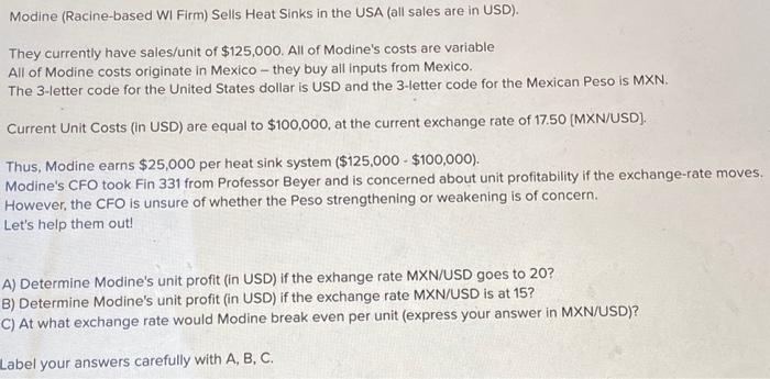 Solved Modine (Racine-based WI Firm) Sells Heat Sinks in the | Chegg.com