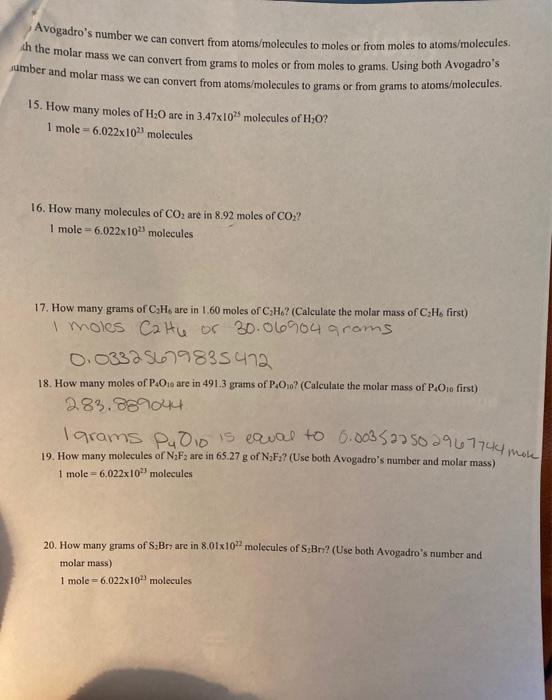 Solved Avogadro's number we can convert from atoms/molecules | Chegg.com