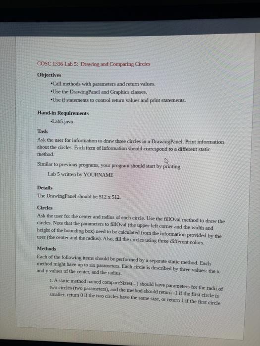 Solved COSC 1336 Lab 5: Drawing and Comparing Circles | Chegg.com