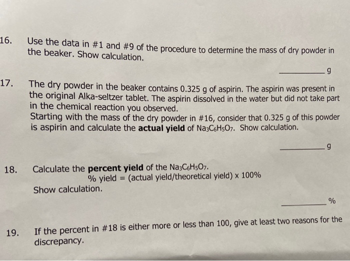 Solved 16. Use the data in #1 and #9 of the procedure to | Chegg.com