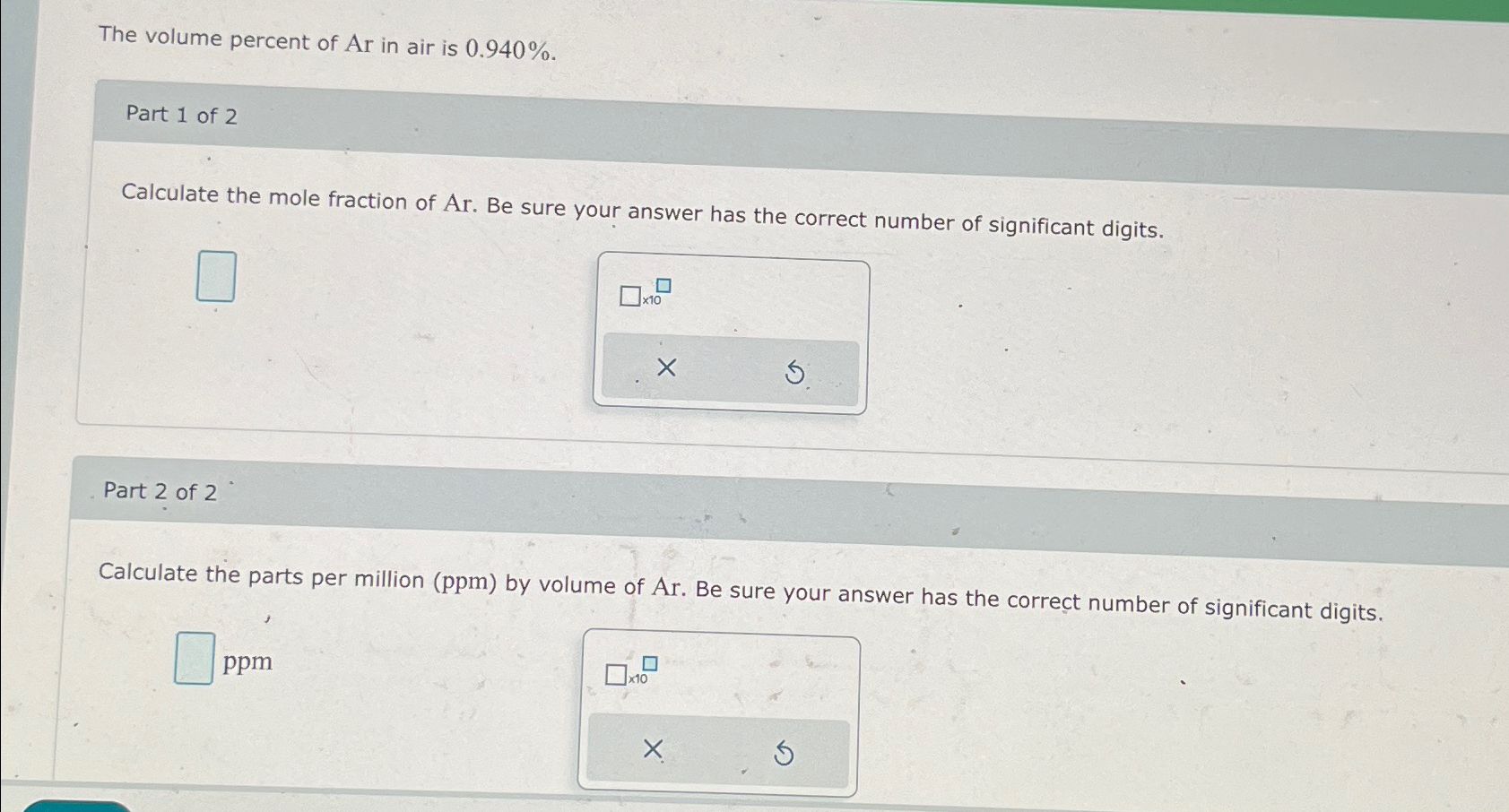 Solved The volume percent of Ar ﻿in air is 0.940%.Part 1 ﻿of | Chegg.com