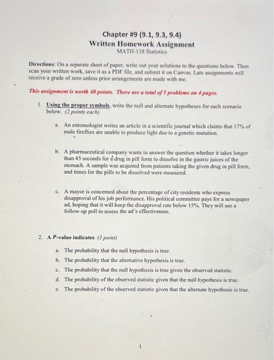 Solved Chapter #9 (9.1,9.3,9.4) Written Homework Assignment | Chegg.com