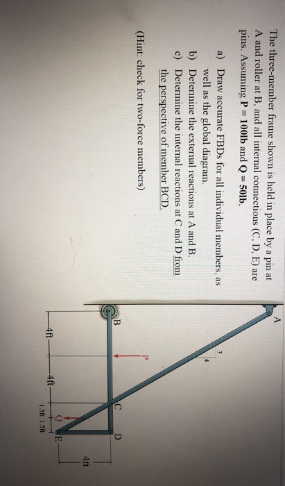 Solved The three-member frame shown is held in place by a | Chegg.com
