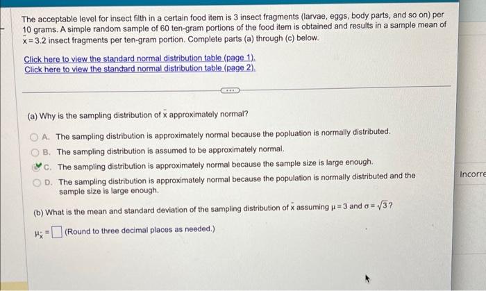 Solved The acceptable level for insect filth in a certain | Chegg.com