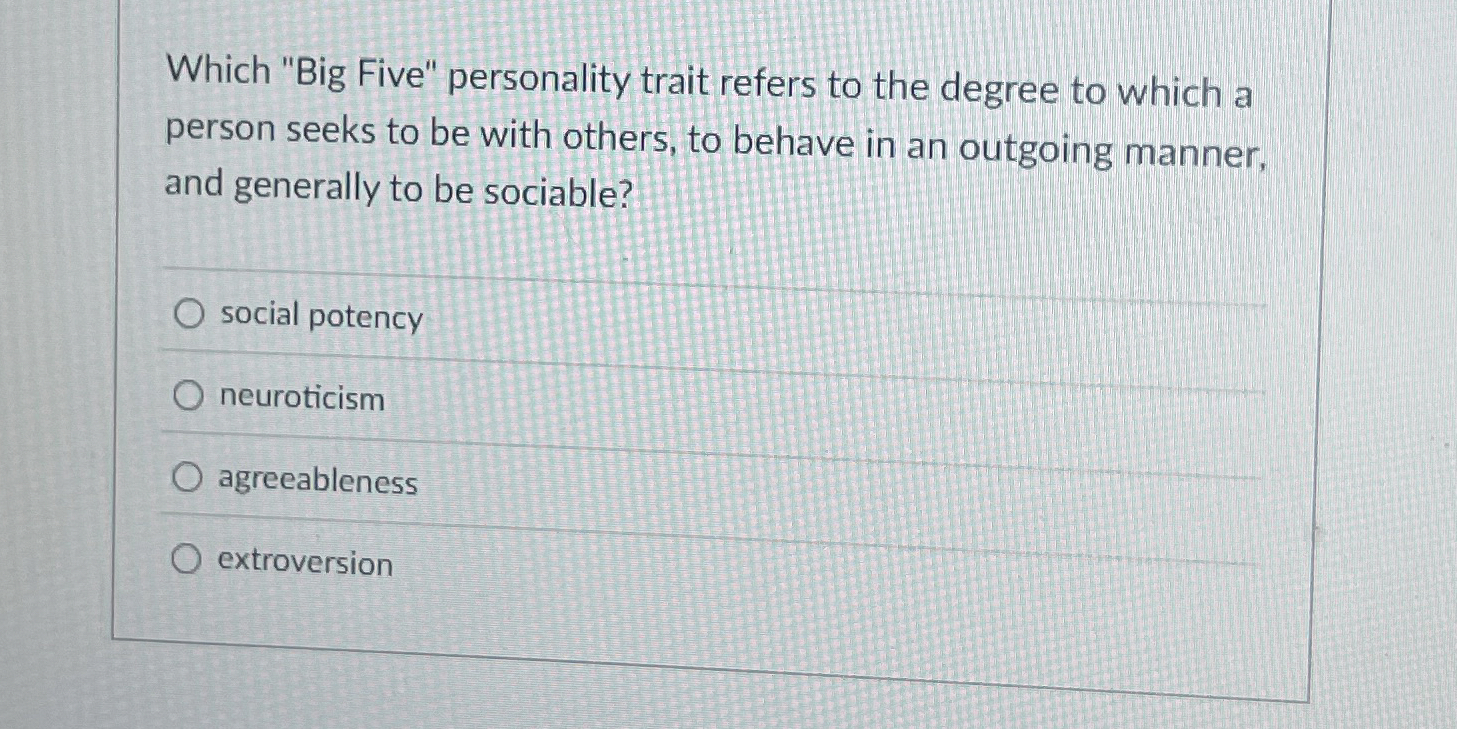 Solved Which "Big Five" personality trait refers to the | Chegg.com