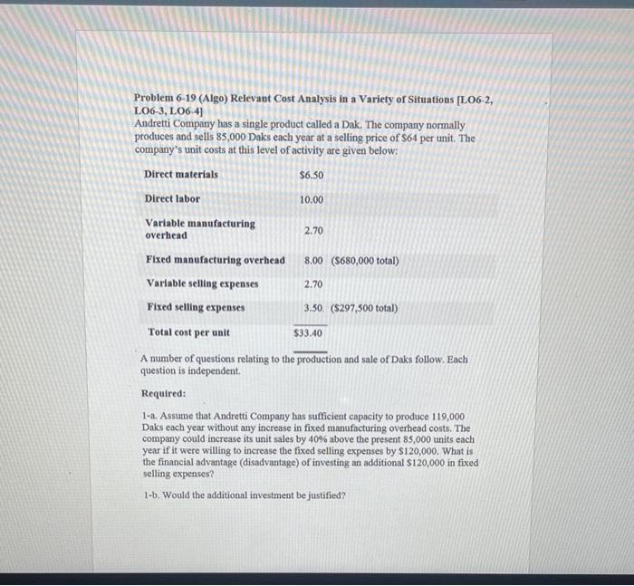 Solved Problem 6-19 (Algo) Relevant Cost Analysis in a | Chegg.com
