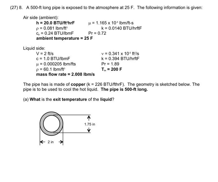 Solved 8. A 500-ft long pipe is exposed to the atmosphere at | Chegg.com