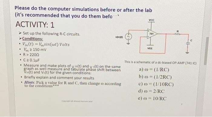 Solved VCC 741 Vin . VEE Please do the computer simulations | Chegg.com