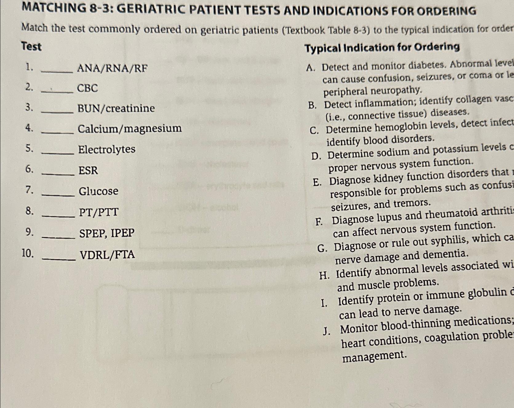 Solved MATCHING 8-3: GERIATRIC PATIENT TESTS AND INDICATIONS | Chegg.com