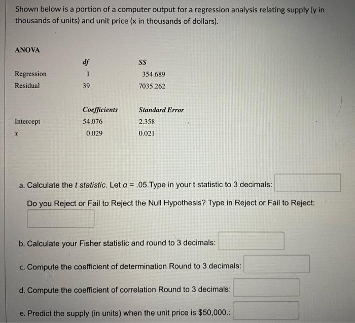 Solved Shown below is a portion of a computer output for a | Chegg.com
