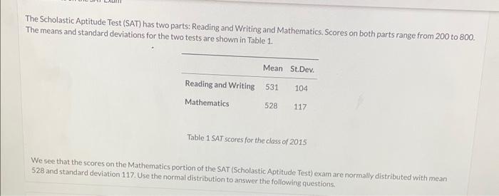 Solved The Scholastic Aptitude Test (SAT) has two parts: | Chegg.com