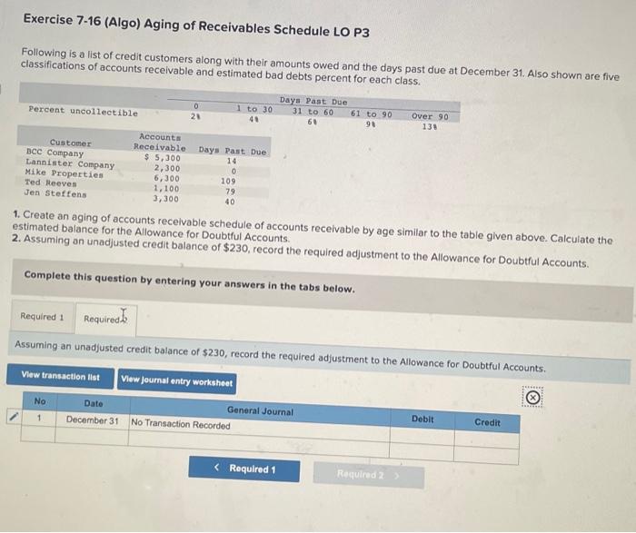 Solved Exercise 7-16 (Algo) Aging of Receivables Schedule LO | Chegg.com