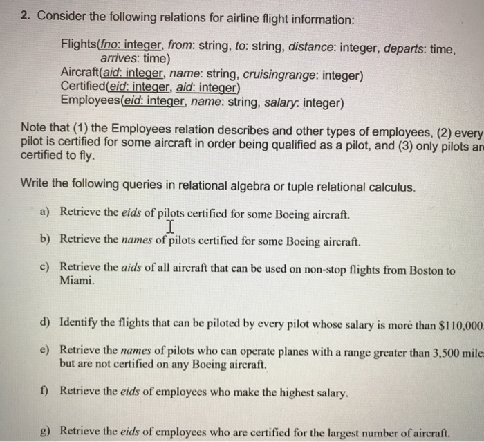 Solved 2. Consider the following relations for airline | Chegg.com