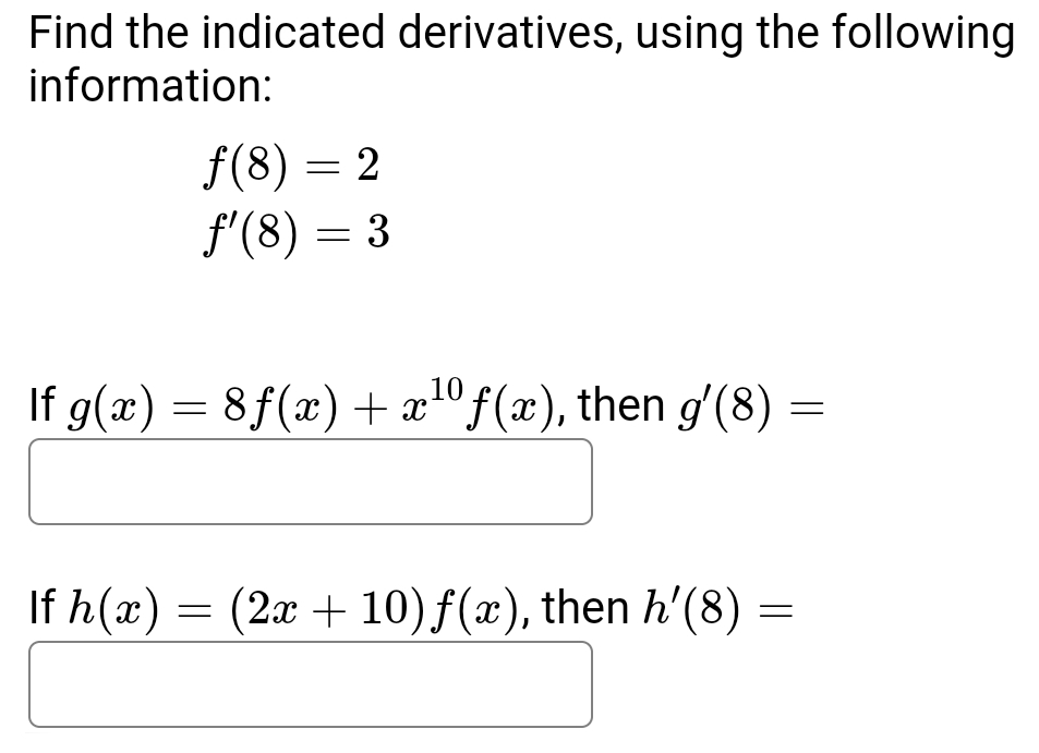 Solved Find the indicated derivatives, using the following | Chegg.com