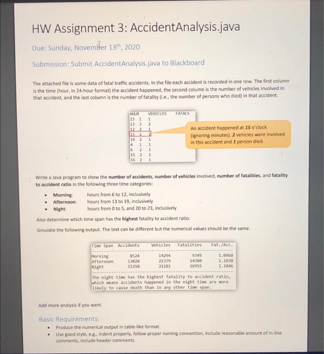 Solved HW Assignment 3: AccidentAnalysis.java Due: Sunday, | Chegg.com