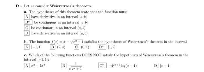 Solved D1. Let us consider Weierstrass's theorem. a. The | Chegg.com
