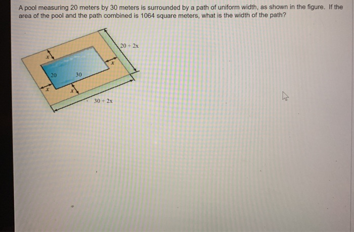 Solved A pool measuring 20 meters by 30 meters is surrounded | Chegg.com