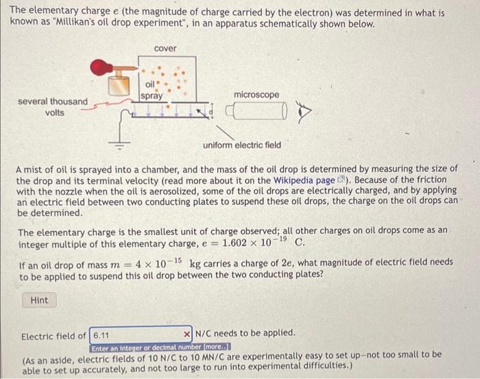 Solved The elementary charge e (the magnitude of charge | Chegg.com