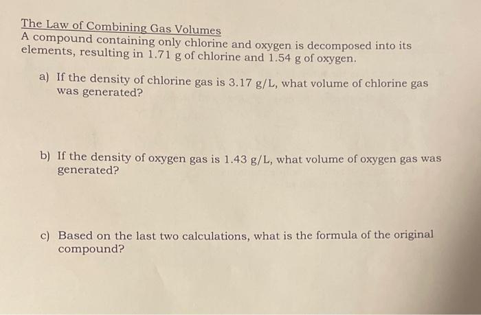 Solved The Law of Combining Gas Volumes A compound | Chegg.com