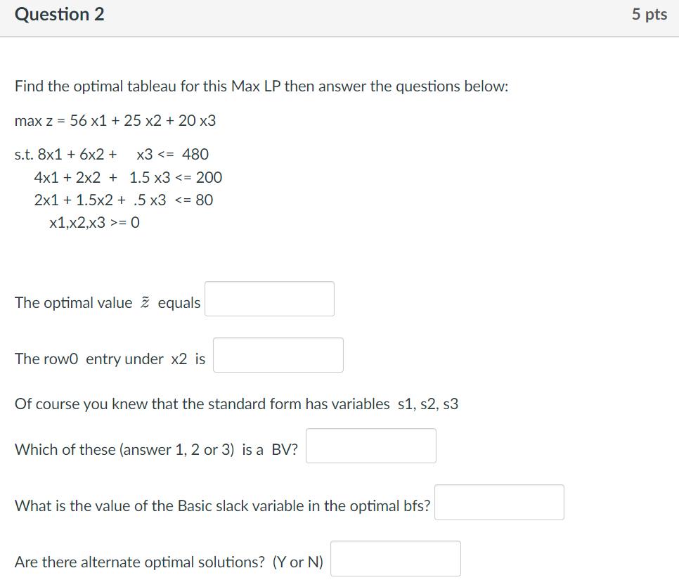 Solved Question 25 ﻿ptsFind the optimal tableau for this Max | Chegg.com