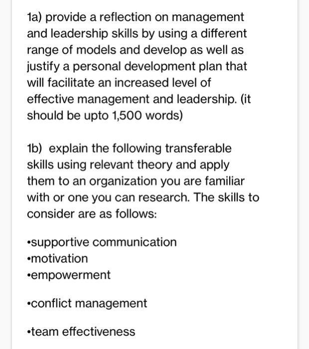 Solved 1a) provide a reflection on management and leadership | Chegg.com