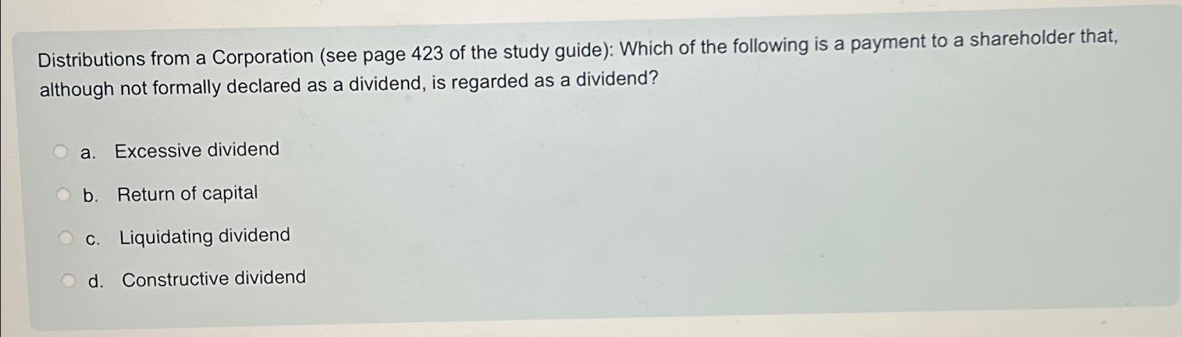 Solved Distributions from a Corporation (see page 423 ﻿of | Chegg.com