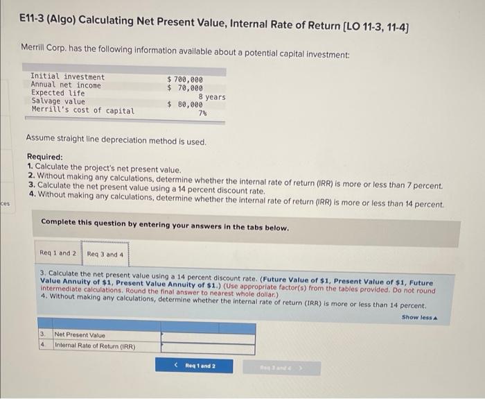 Solved E11-3 (Algo) Calculating Net Present Value, Internal | Chegg.com