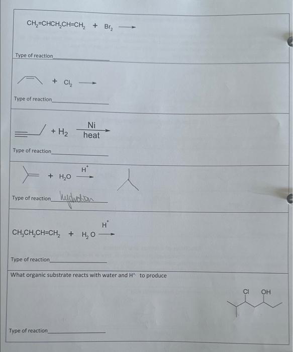 Solved CH2=CHCH2CH=CH2+Br2 Type of reaction +Cl2 Type of | Chegg.com