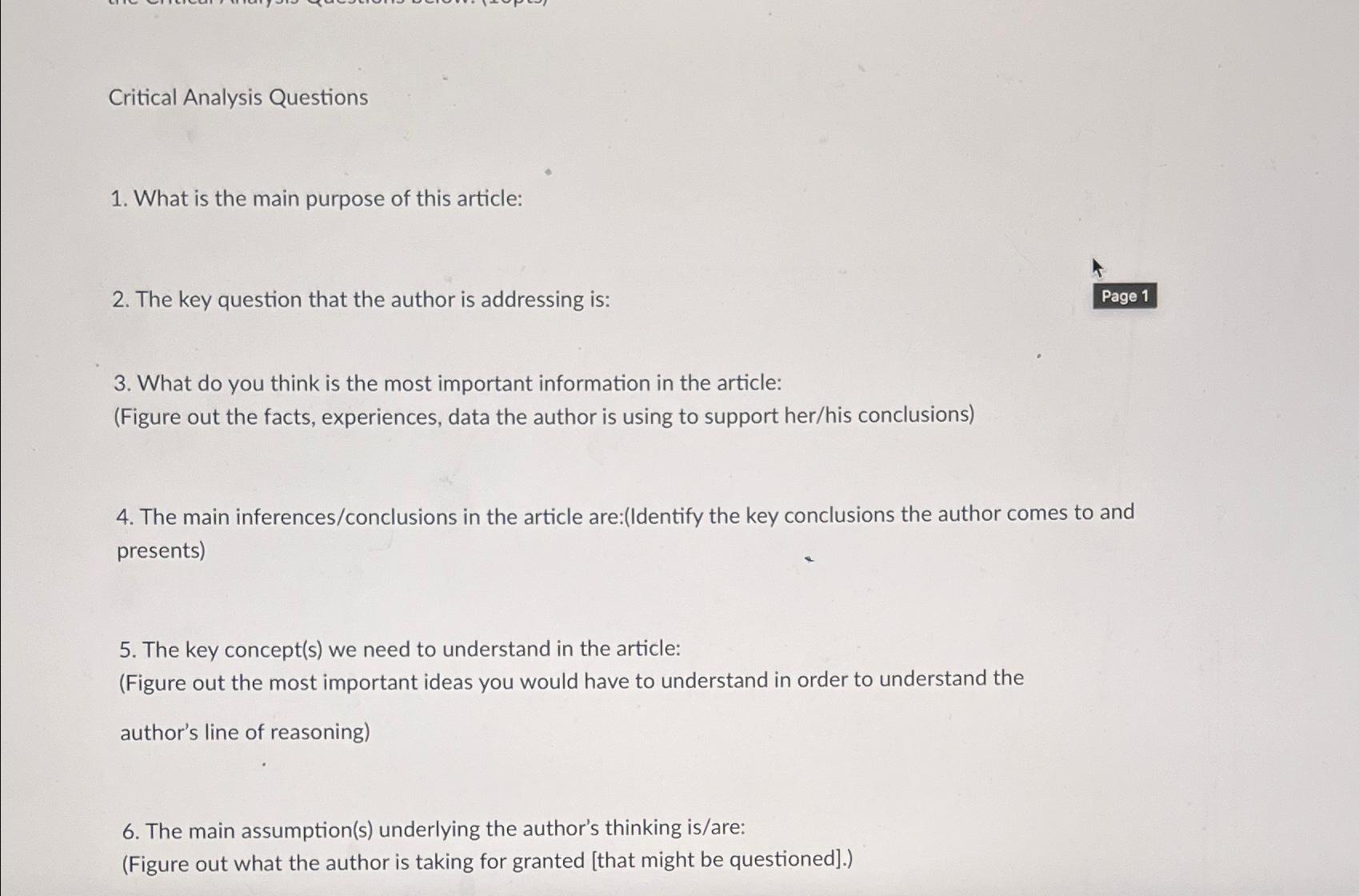 Solved Critical Analysis QuestionsWhat is the main purpose | Chegg.com