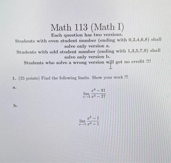 Solved Math 113 (Math I) Each question has two versions. | Chegg.com
