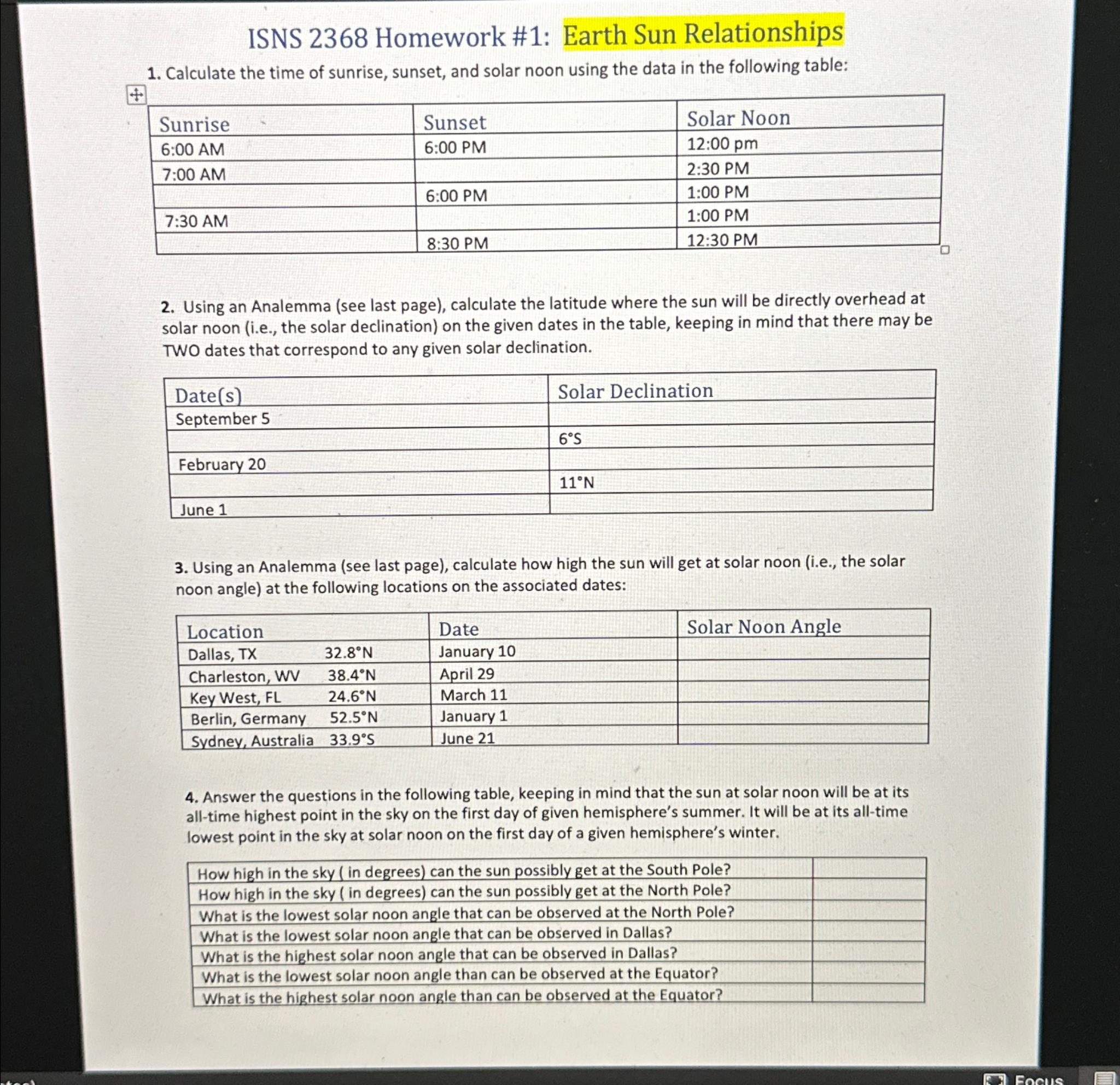 ISNS 2368 ﻿Homework #1: Earth Sun | Chegg.com