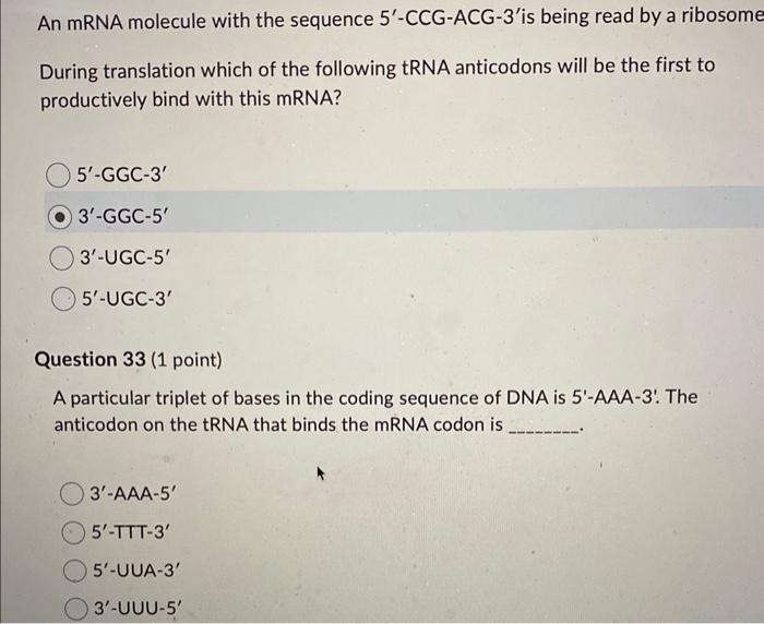 Solved An mRNA molecule with the sequence 5′-CCG-ACG-3'is | Chegg.com