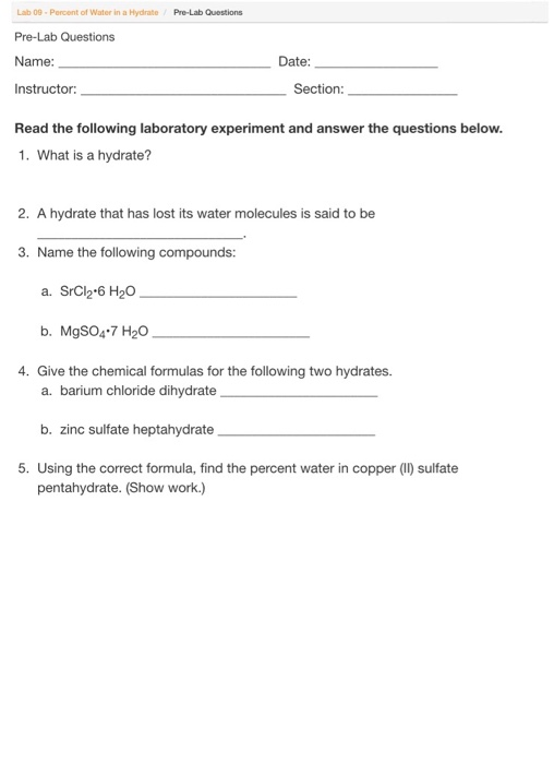 Solved Lab - Porcent of Water in a Hydrate Pre-Lab Questions | Chegg.com