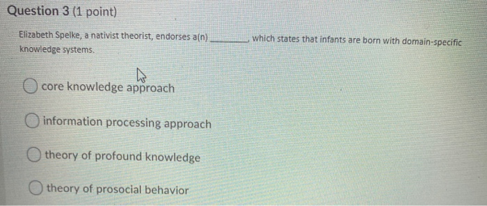 Solved Question 3 (1 point) Elizabeth Spelke, a nativist | Chegg.com