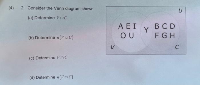 Solved 2. Consider the Venn diagram shown (a) Determine V∪C | Chegg.com