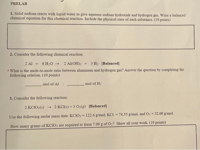 Solved PRELAB 1. Solid sodium reacts with liquid water to | Chegg.com