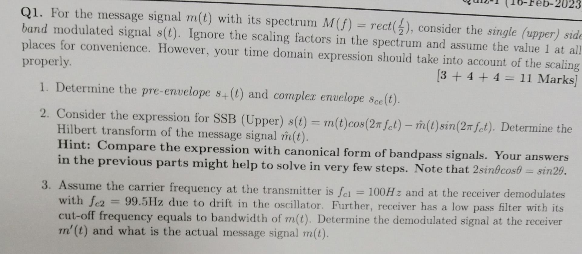 Solved Q1. For the message signal m(t) with its spectrum | Chegg.com