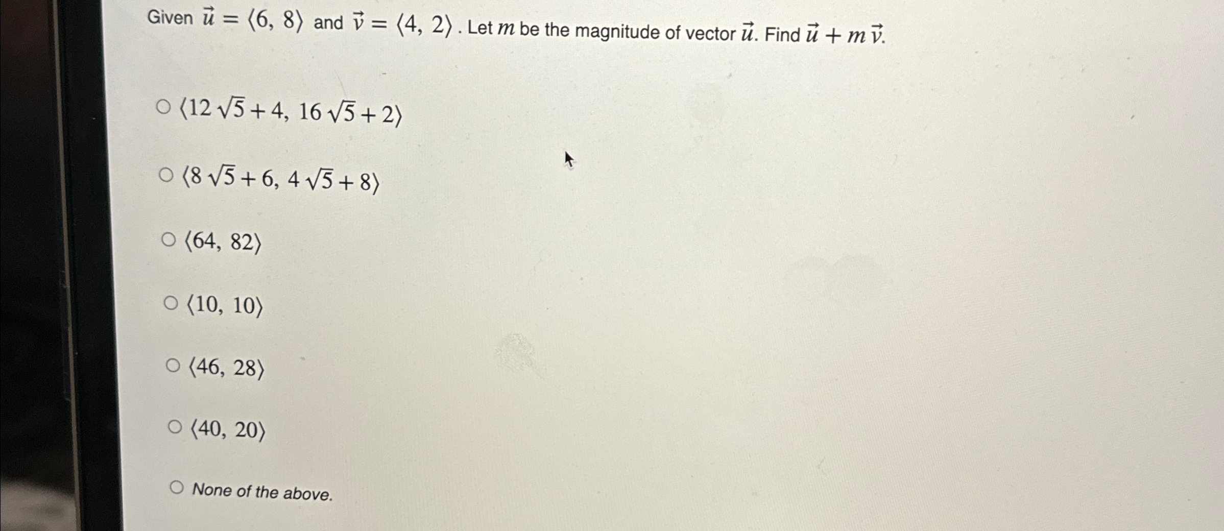 Solved Given vec(u)=(:6,8:) ﻿and vec(v)=(:4,2:). ﻿Let m ﻿be | Chegg.com
