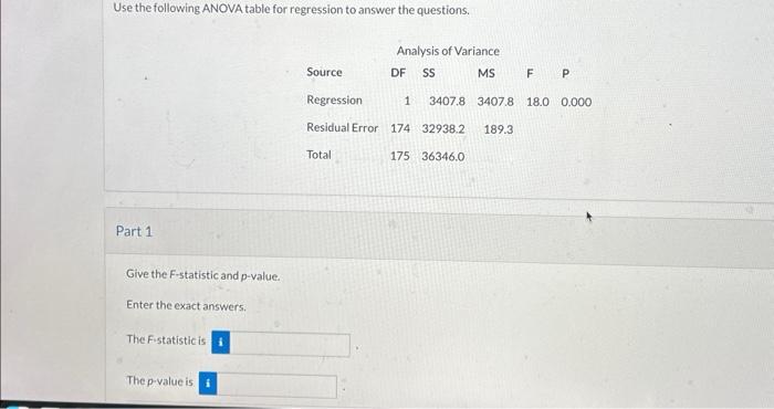 Solved Use the following ANOVA table for regression to | Chegg.com