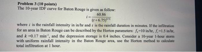 Solved Problem 3 (10 points) The 10-year IDF curve for Baton | Chegg.com