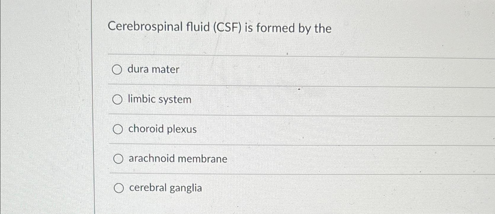 Solved Cerebrospinal fluid (CSF) ﻿is formed by thedura | Chegg.com