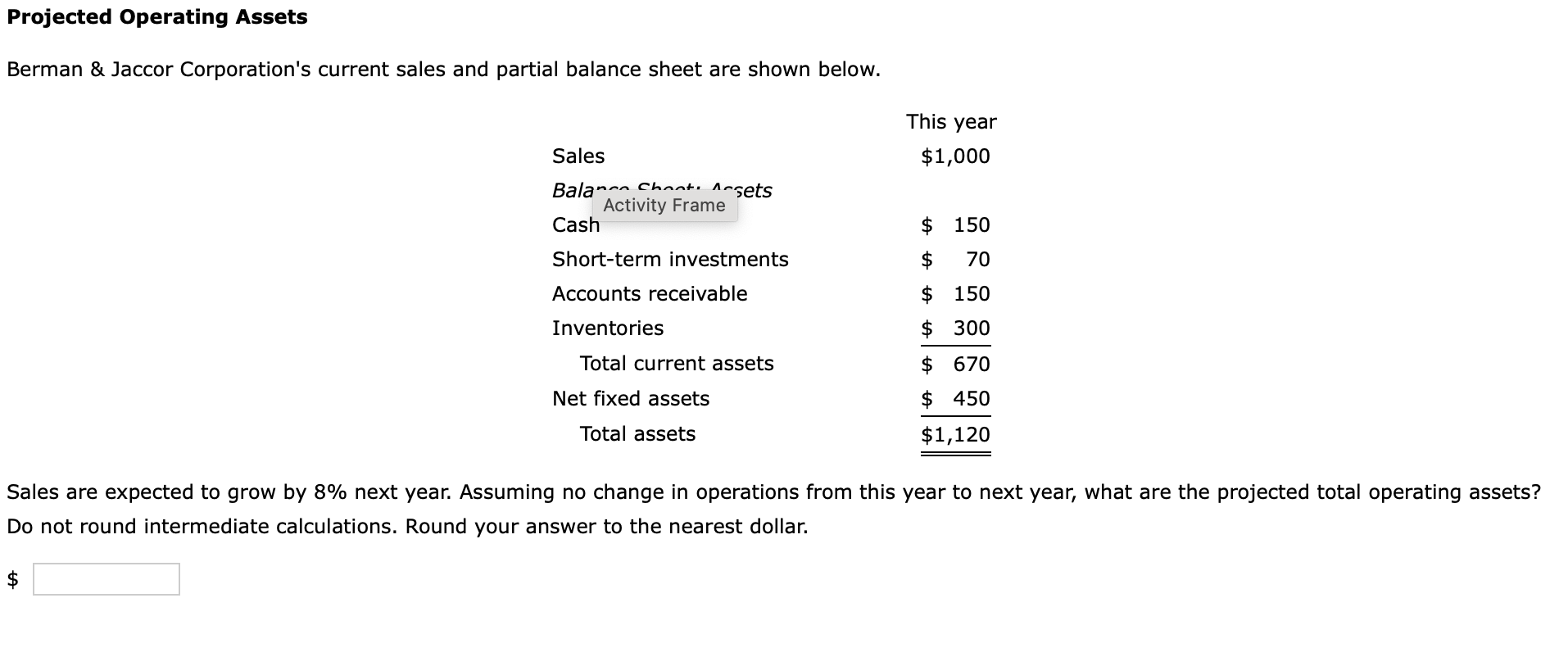 Solved Projected Operating Assets Berman \& Jaccor | Chegg.com