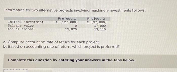 Solved Information for two alternative projects involving | Chegg.com