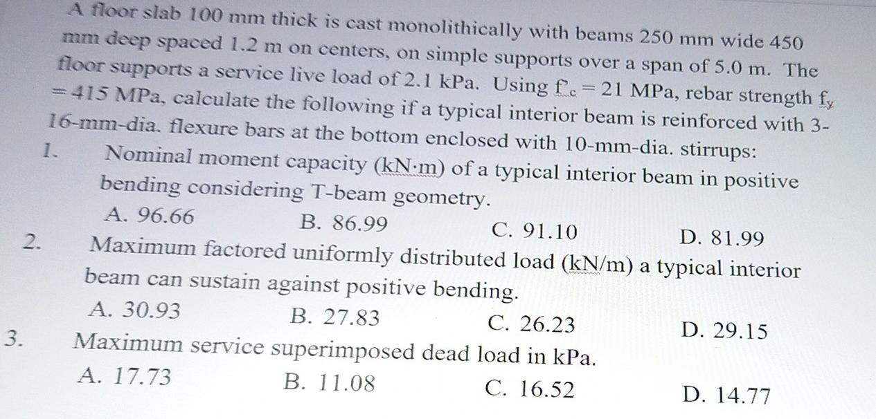 Solved A floor slab 100 mm thick is cast monolithically with | Chegg.com