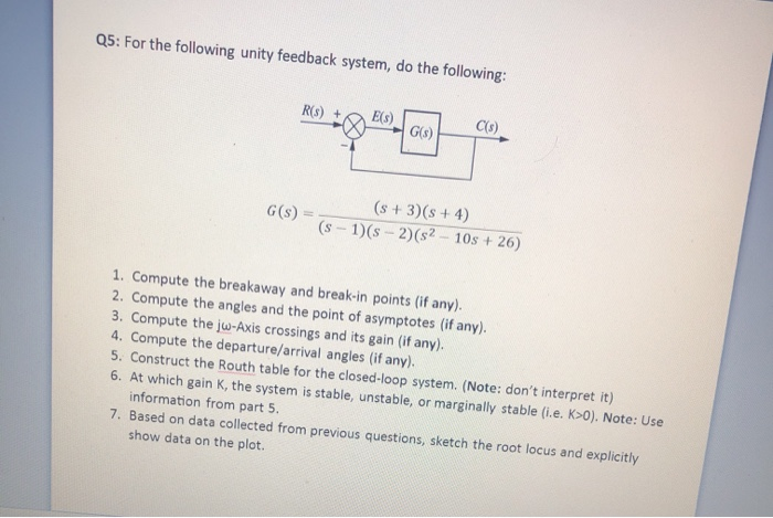 Solved Q5: For the following unity feedback system, do the | Chegg.com