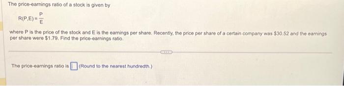 Solved The price-earnings ratio of a stock is given by | Chegg.com