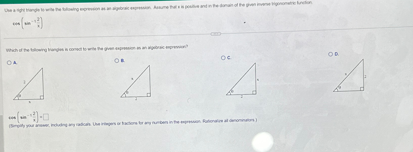 Solved Use a right triangle to write the following | Chegg.com