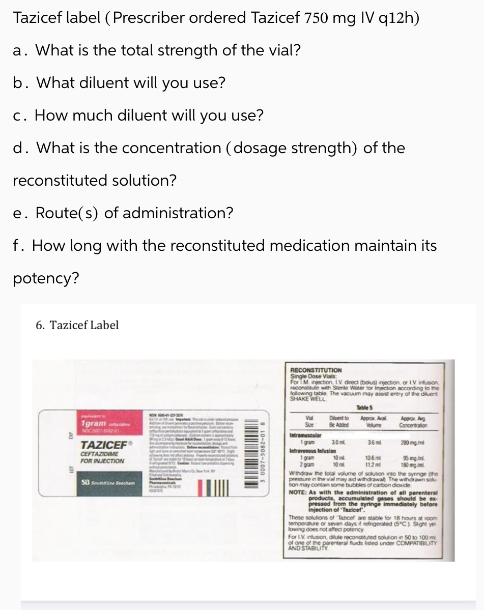 Solved Tazicef label (Prescriber ordered Tazicef 750 ﻿mg IV | Chegg.com